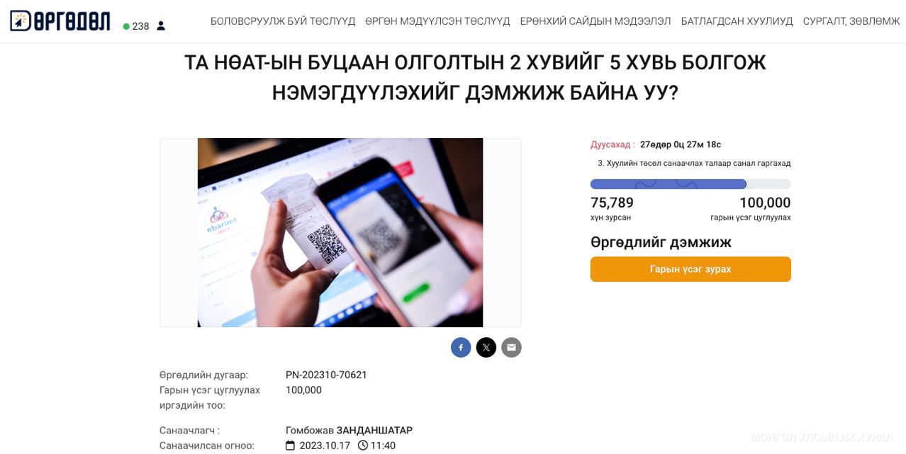 УИХ НӨАТ ын буцаан олголтын 2 хувийг 5 хувь болгох саналыг гурав хоногт 75 мянга гаруй иргэн